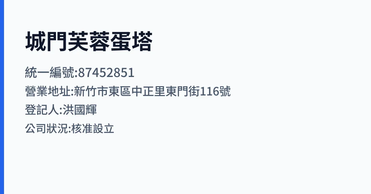 城門芙蓉蛋塔 - 統編 87452851(新竹市) 公司登記資料與營業項目詳細圖表