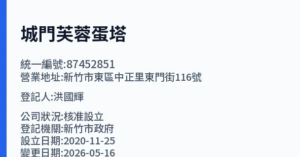 城門芙蓉蛋塔的照片-統編 87452851(新竹市) 公司登記資料與營業項目詳細圖表