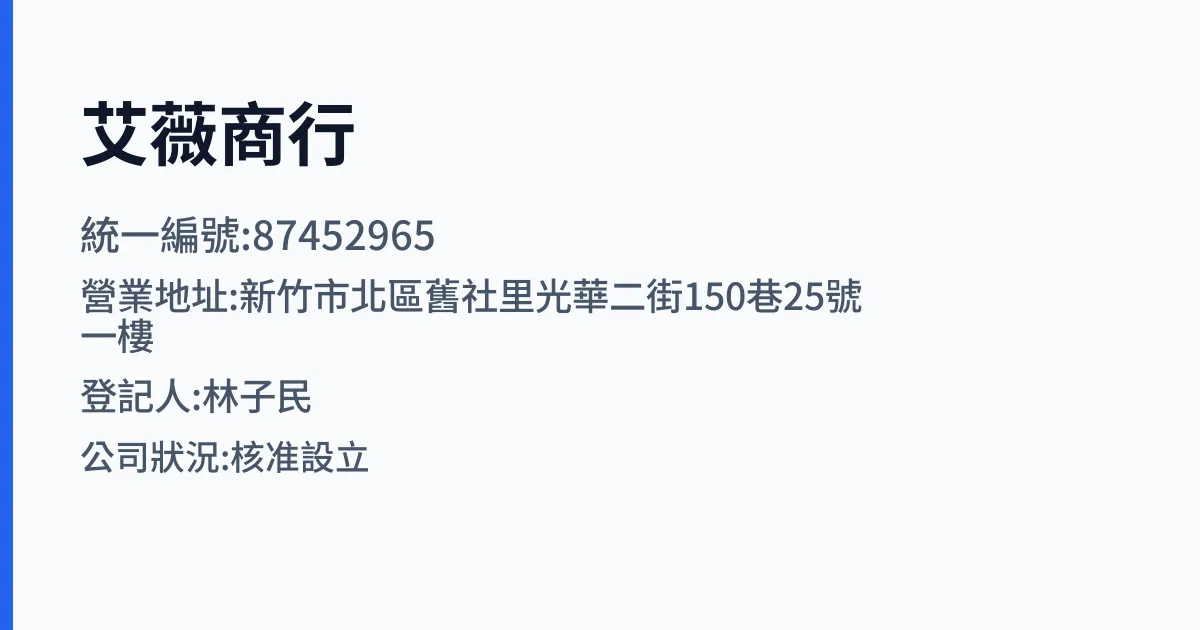 艾薇商行 - 統編 87452965(新竹市) 公司登記資料與營業項目詳細圖表