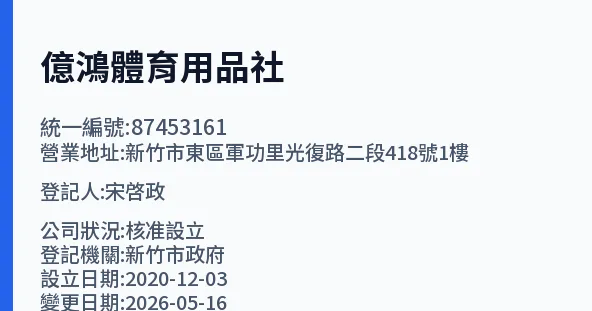 億鴻體育用品社的照片-統編 87453161(新竹市) 公司登記資料與營業項目詳細圖表