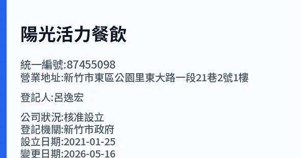 陽光活力餐飲的照片-統編 87455098(新竹市) 公司登記資料與營業項目詳細圖表