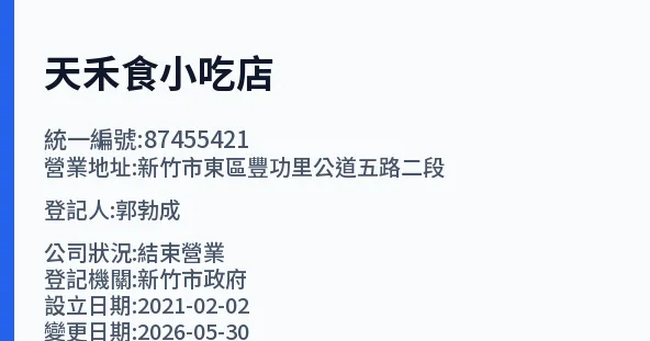 天禾食小吃店的照片-統編 87455421(新竹市) 公司登記資料與營業項目詳細圖表