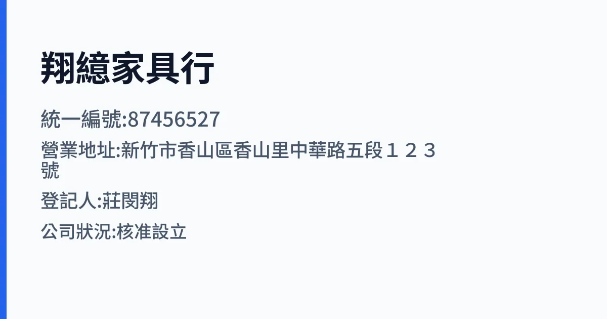 翔繶家具行 - 統編 87456527(新竹市) 公司登記資料與營業項目詳細圖表