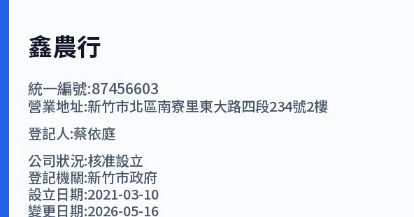 鑫農行的照片-統編 87456603(新竹市) 公司登記資料與營業項目詳細圖表
