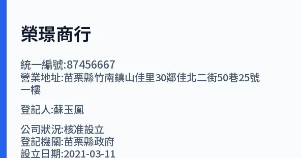 榮璟商行的照片-統編 87456667(苗栗縣) 公司登記資料與營業項目詳細圖表