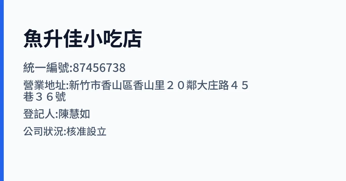 魚升佳小吃店 - 統編 87456738(新竹市) 公司登記資料與營業項目詳細圖表