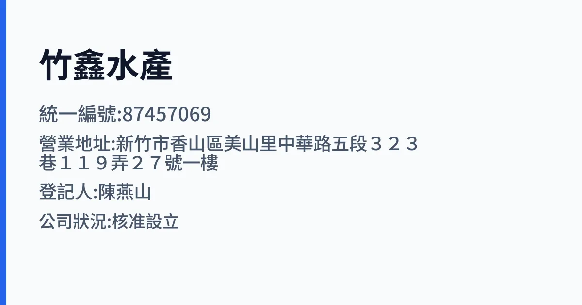 竹鑫水產 - 統編 87457069(新竹市) 公司登記資料與營業項目詳細圖表