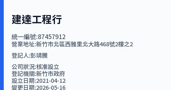 建達工程行的照片-統編 87457912(新竹市) 公司登記資料與營業項目詳細圖表