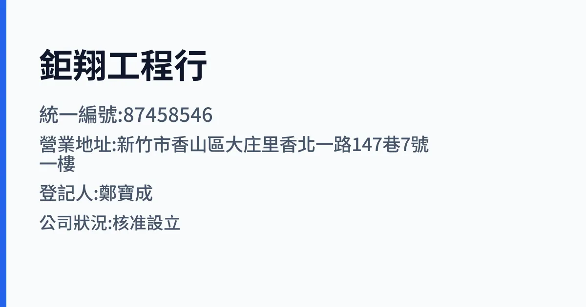 鉅翔工程行 - 統編 87458546(新竹市) 公司登記資料與營業項目詳細圖表