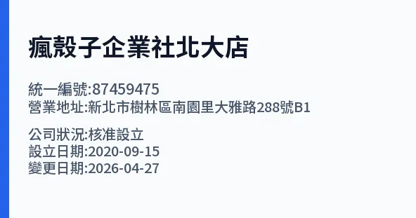 瘋殼子企業社北大店的照片-統編 87459475(新北市) 公司登記資料與營業項目詳細圖表