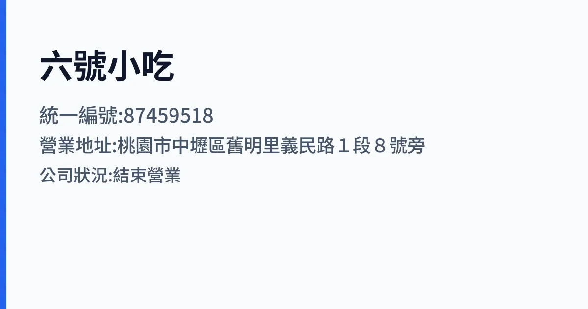 六號小吃 - 統編 87459518(桃園市) 公司登記資料與營業項目詳細圖表
