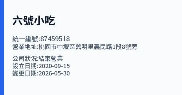 六號小吃的照片-統編 87459518(桃園市) 公司登記資料與營業項目詳細圖表