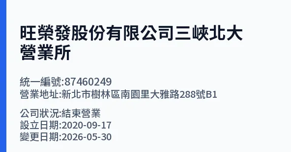 旺榮發股份有限公司三峽北大營業所的照片-統編 87460249(新北市) 公司登記資料與營業項目詳細圖表
