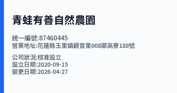 青蛙有善自然農園的照片-統編 87460445(花蓮縣) 公司登記資料與營業項目詳細圖表