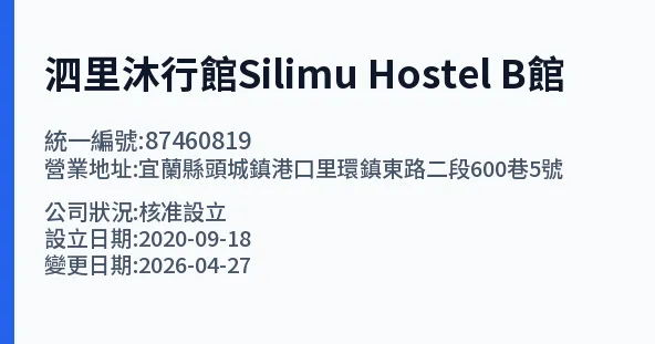 泗里沐行館Silimu Hostel B館的照片-統編 87460819(宜蘭縣) 公司登記資料與營業項目詳細圖表