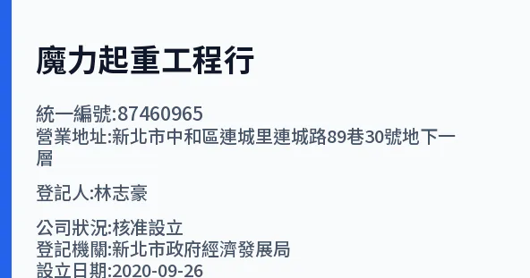 魔力起重工程行的照片-統編 87460965(新北市) 公司登記資料與營業項目詳細圖表