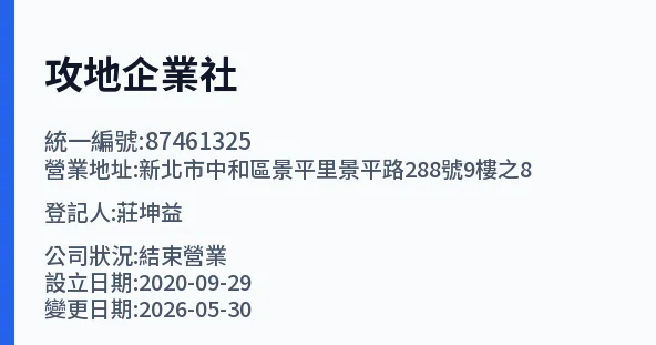 攻地企業社的照片-統編 87461325(新北市) 公司登記資料與營業項目詳細圖表