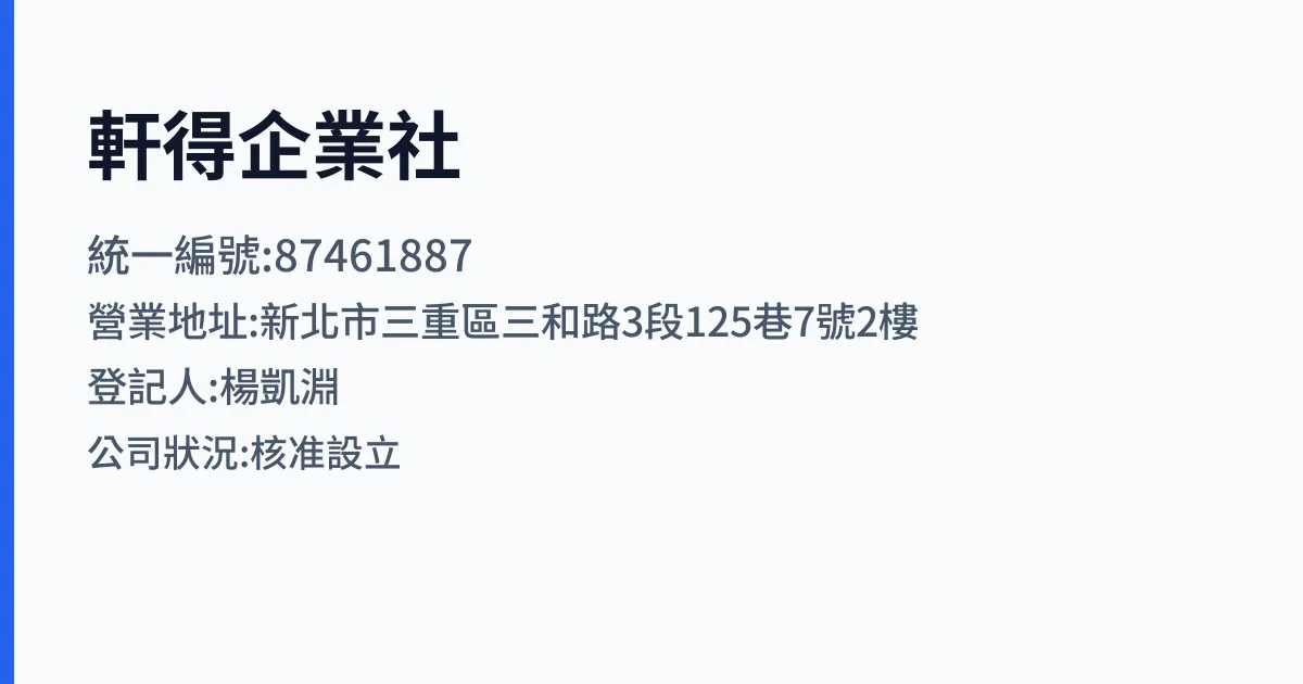 軒得企業社 - 統編 87461887(新北市) 公司登記資料與營業項目詳細圖表