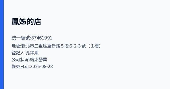 鳳姊的店的照片-統編 87461991(新北市) 公司登記資料與營業項目詳細圖表