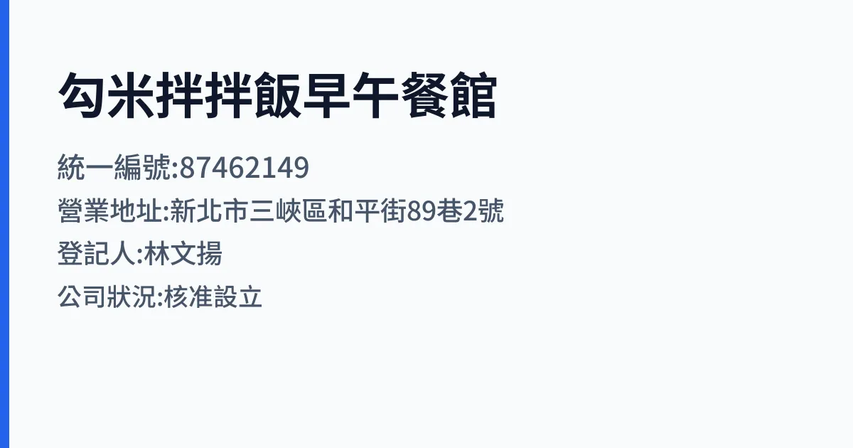 勾米拌拌飯早午餐館 - 統編 87462149(新北市) 公司登記資料與營業項目詳細圖表