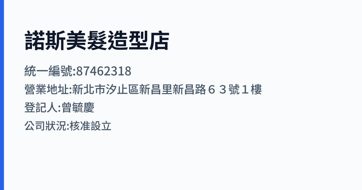 諾斯美髮造型店 - 統編 87462318(新北市) 公司登記資料與營業項目詳細圖表