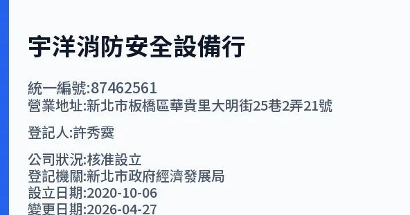 宇洋消防安全設備行的照片-統編 87462561(新北市) 公司登記資料與營業項目詳細圖表