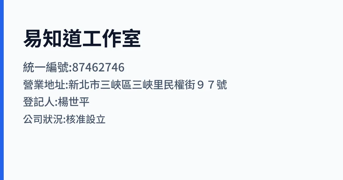易知道工作室 - 統編 87462746(新北市) 公司登記資料與營業項目詳細圖表