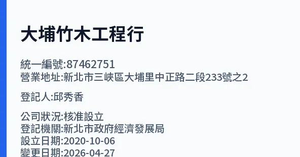 大埔竹木工程行的照片-統編 87462751(新北市) 公司登記資料與營業項目詳細圖表