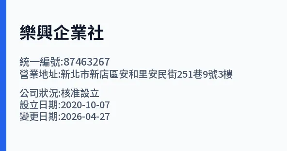 樂興企業社的照片-統編 87463267(新北市) 公司登記資料與營業項目詳細圖表