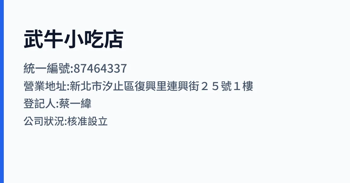 武牛小吃店 - 統編 87464337(新北市) 公司登記資料與營業項目詳細圖表