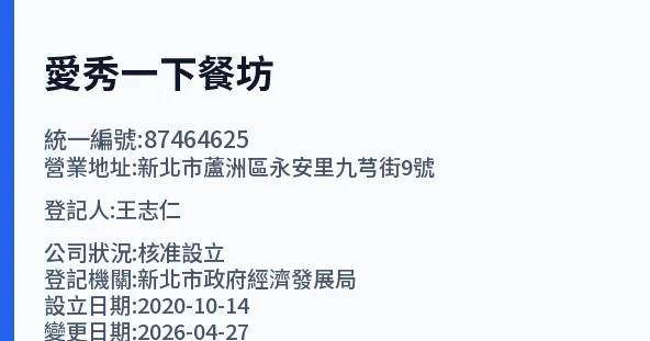 愛秀一下餐坊的照片-統編 87464625(新北市) 公司登記資料與營業項目詳細圖表