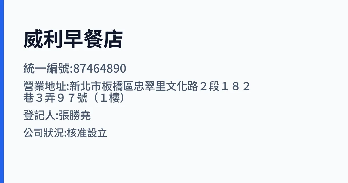 威利早餐店 - 統編 87464890(新北市) 公司登記資料與營業項目詳細圖表