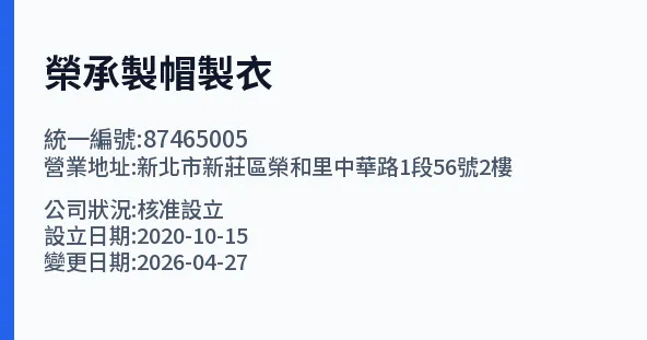 榮承製帽製衣的照片-統編 87465005(新北市) 公司登記資料與營業項目詳細圖表
