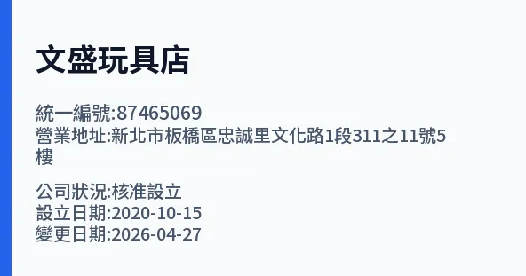 文盛玩具店的照片-統編 87465069(新北市) 公司登記資料與營業項目詳細圖表