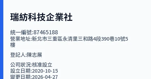 瑞紡科技企業社的照片-統編 87465188(新北市) 公司登記資料與營業項目詳細圖表