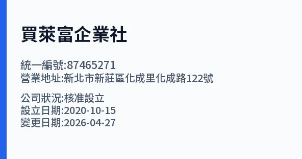 買萊富企業社的照片-統編 87465271(新北市) 公司登記資料與營業項目詳細圖表