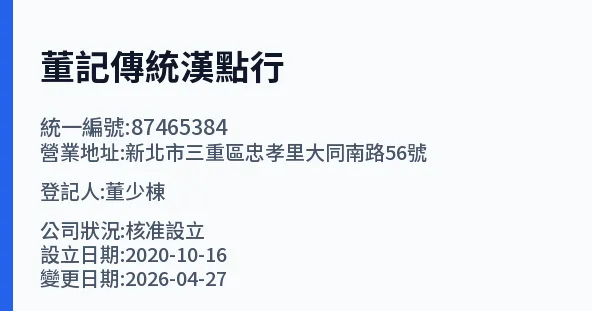 董記傳統漢點行的照片-統編 87465384(新北市) 公司登記資料與營業項目詳細圖表