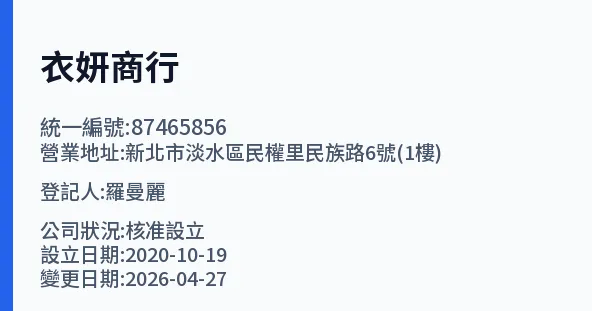 衣妍商行的照片-統編 87465856(新北市) 公司登記資料與營業項目詳細圖表