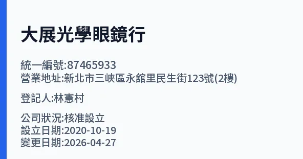 大展光學眼鏡行的照片-統編 87465933(新北市) 公司登記資料與營業項目詳細圖表