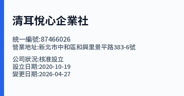 清耳悅心企業社的照片-統編 87466026(新北市) 公司登記資料與營業項目詳細圖表