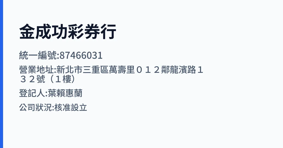 金成功彩券行 - 統編 87466031(新北市) 公司登記資料與營業項目詳細圖表