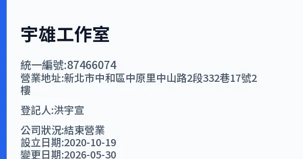 宇雄工作室的照片-統編 87466074(新北市) 公司登記資料與營業項目詳細圖表