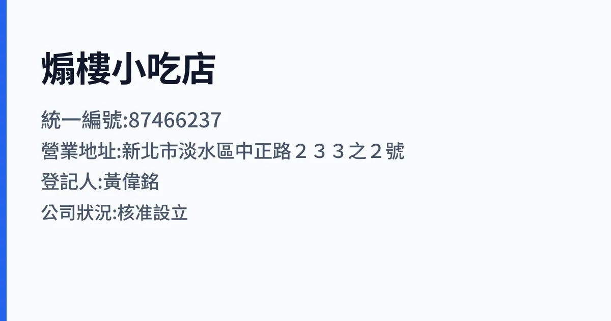 煽樓小吃店 - 統編 87466237(新北市) 公司登記資料與營業項目詳細圖表