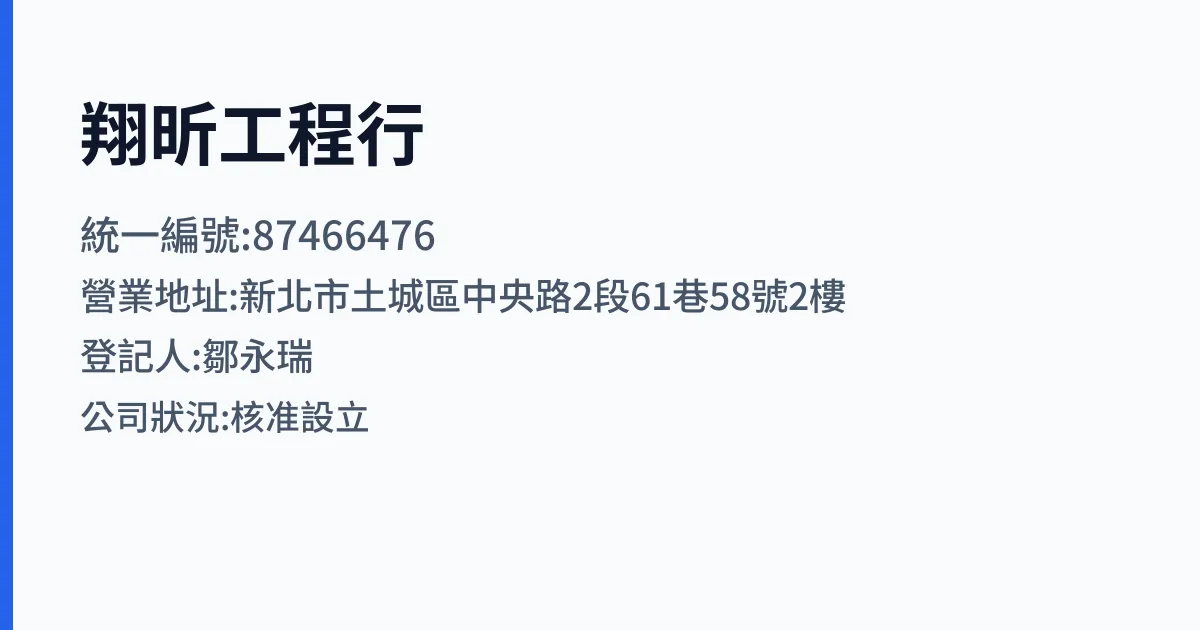 翔昕工程行 - 統編 87466476(新北市) 公司登記資料與營業項目詳細圖表