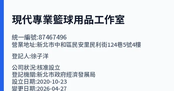 現代專業籃球用品工作室的照片-統編 87467496(新北市) 公司登記資料與營業項目詳細圖表