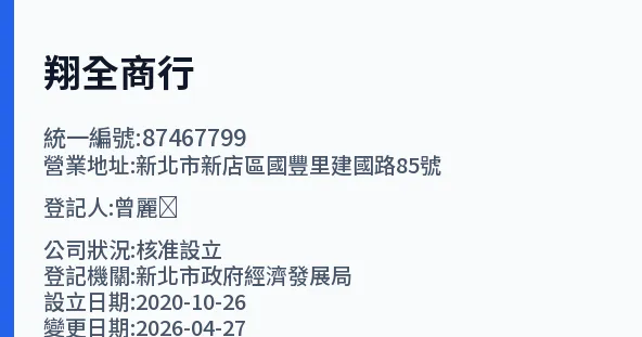翔全商行的照片-統編 87467799(新北市) 公司登記資料與營業項目詳細圖表