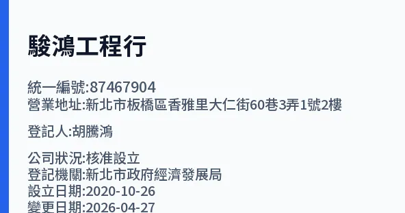 駿鴻工程行的照片-統編 87467904(新北市) 公司登記資料與營業項目詳細圖表