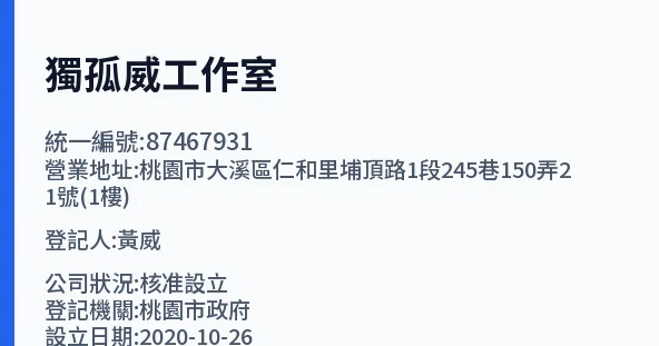 獨孤威工作室的照片-統編 87467931(桃園市) 公司登記資料與營業項目詳細圖表