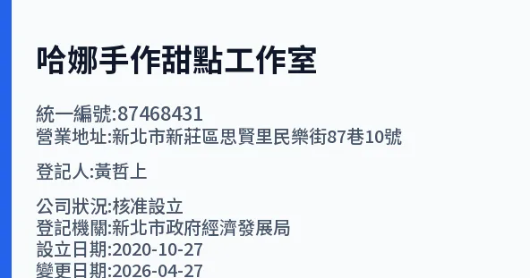 哈娜手作甜點工作室的照片-統編 87468431(新北市) 公司登記資料與營業項目詳細圖表