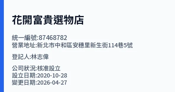 花開富貴選物店的照片-統編 87468782(新北市) 公司登記資料與營業項目詳細圖表